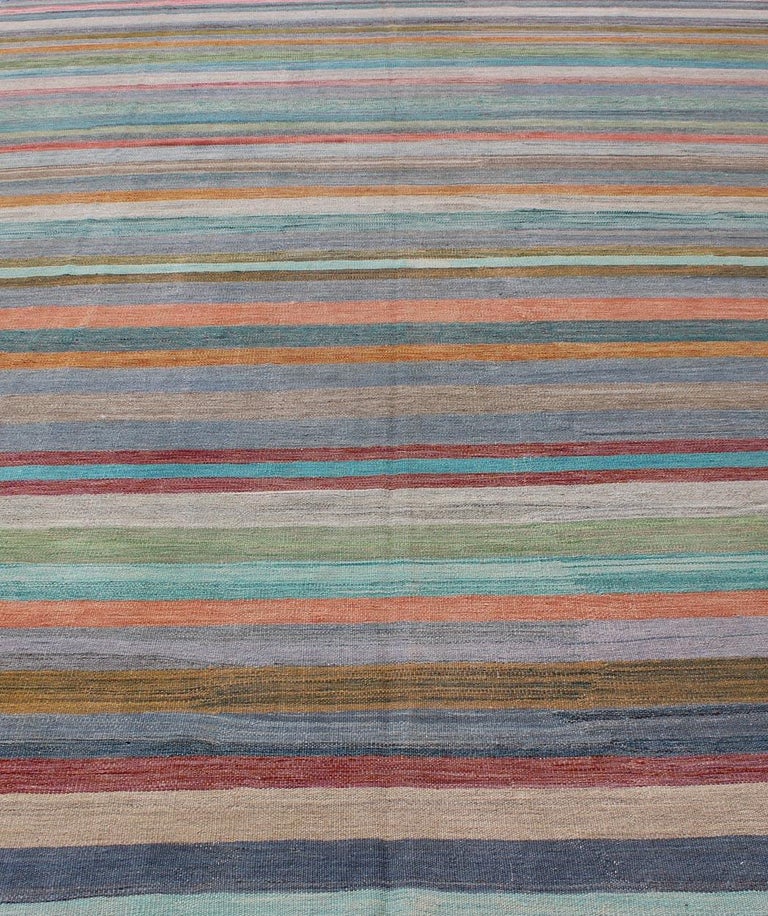 Colorful Flat-Weave Modern Kilim Rug with Classic Stripes for Modern ...