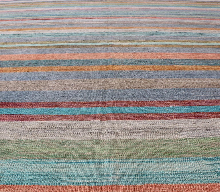 Colorful Flat-Weave Modern Kilim Rug with Classic Stripes for Modern ...