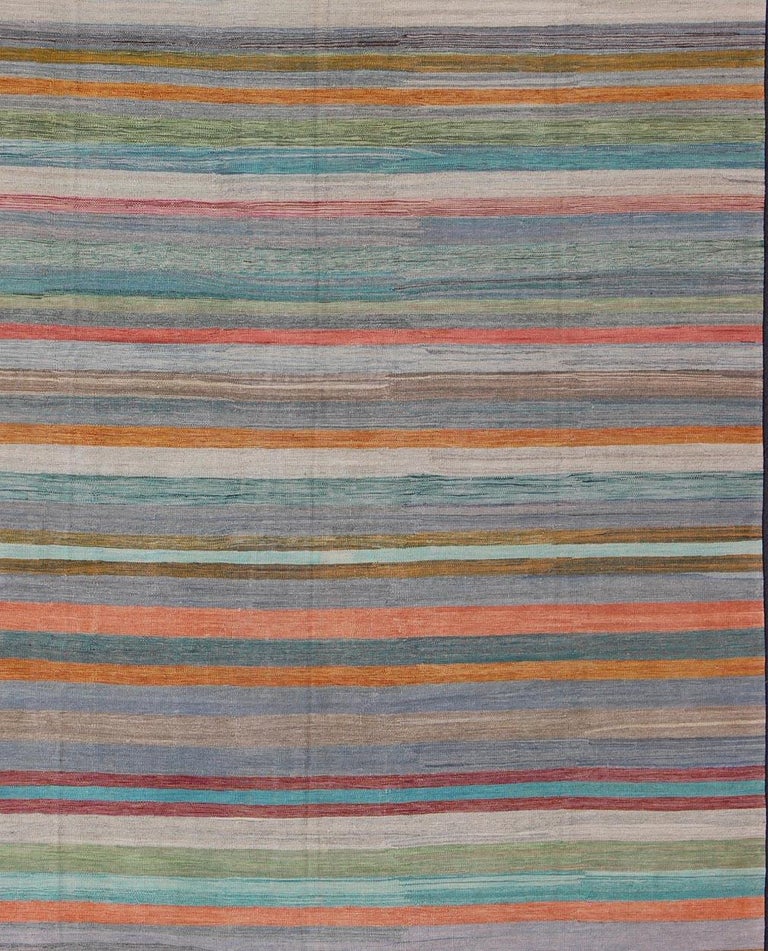 Colorful Flat-Weave Modern Kilim Rug with Classic Stripes for Modern ...