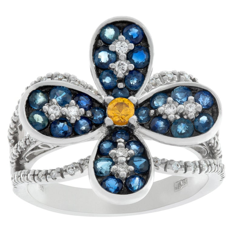 Colorful floral design 18k white gold micro pave diamond ring with blue ...