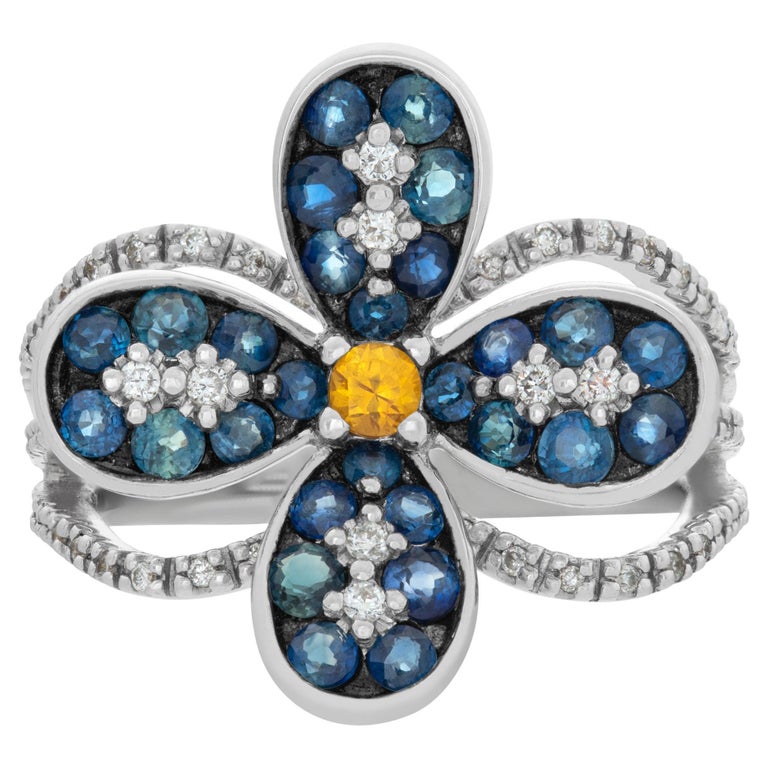 Colorful floral design 18k white gold micro pave diamond ring with blue ...