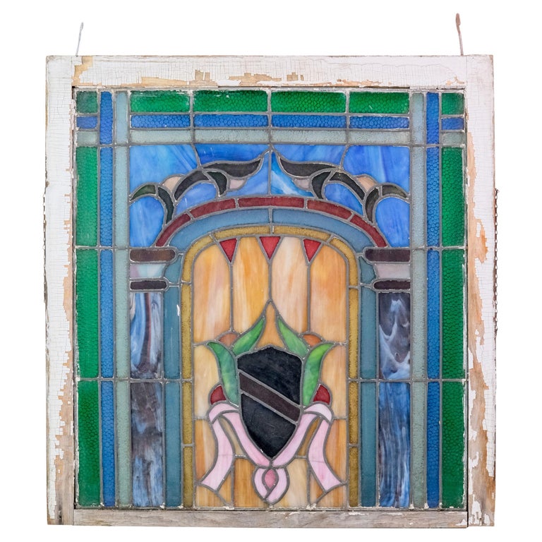 Colorful Framed Stained Glass Window Shield Crest Design For Sale at ...