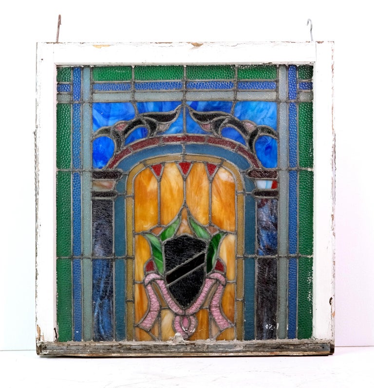 Colorful Framed Stained Glass Window Shield Crest Design For Sale at ...