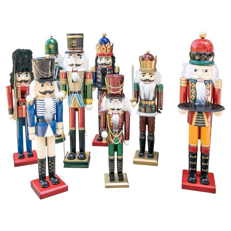 Colorful Group of 8 Large Painted Wooden Nut Cracker Figures For Sale ...