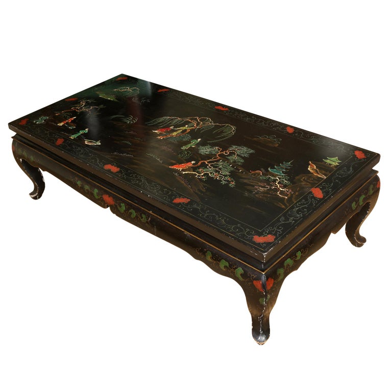 Colorful Handpainted Asian Ebonized Lacquered Coffee Table For Sale at ...