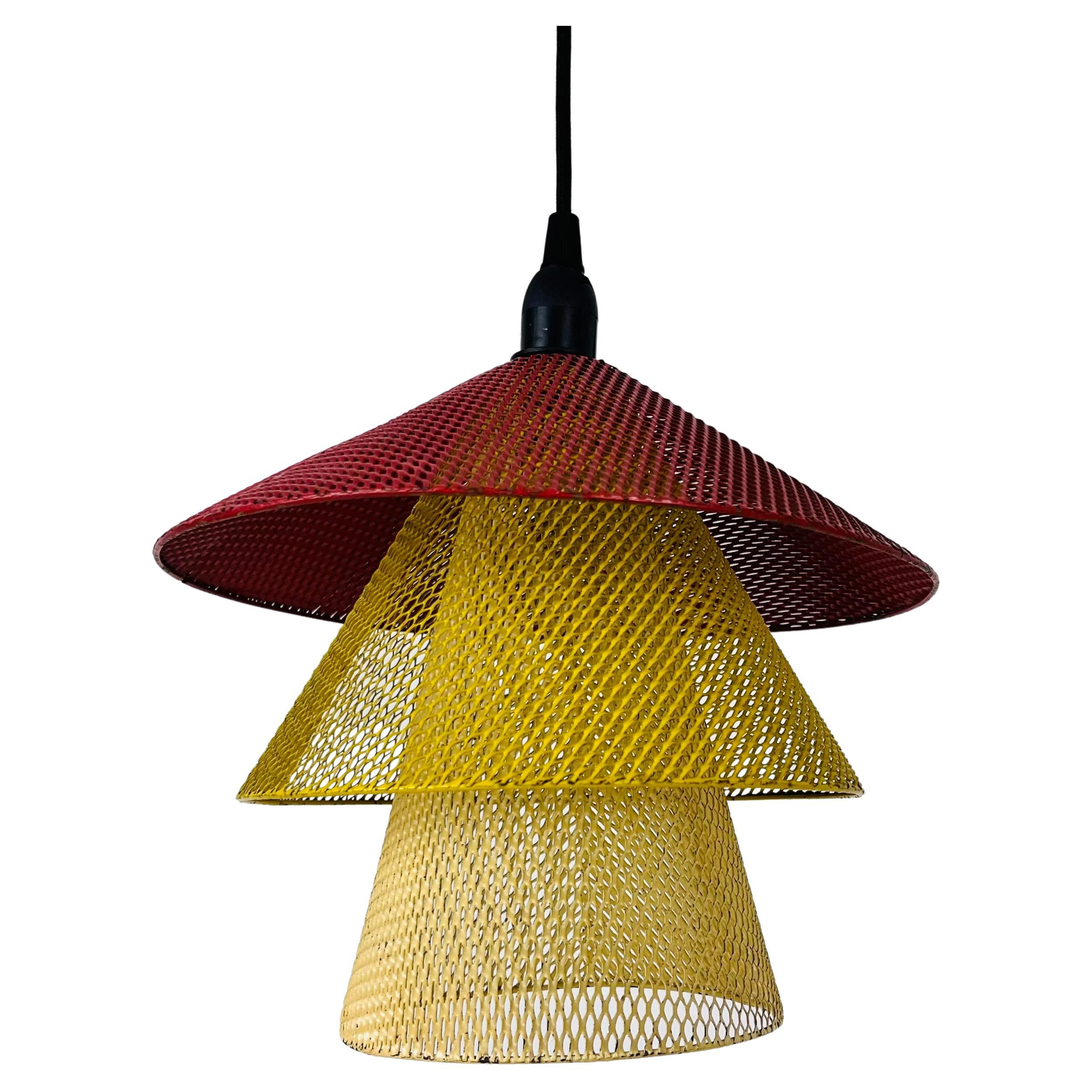 Colorful Lightolier Round Metal and Ribbed Lucite Pendant Light at 1stDibs