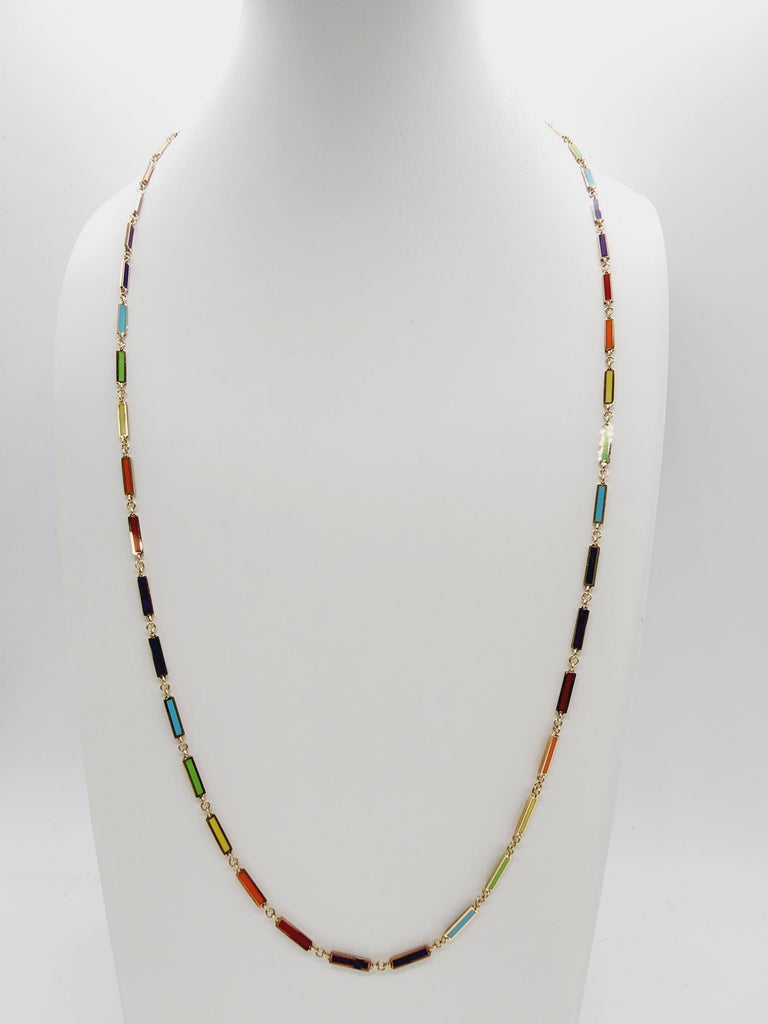 Colorful Mixed Gem Yellow Gold Link Chain Necklace For Sale at 1stDibs