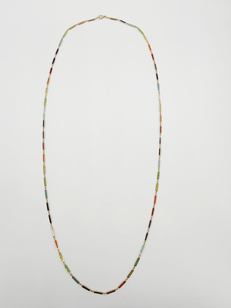 Colorful Mixed Gem Yellow Gold Link Chain Necklace For Sale at 1stDibs