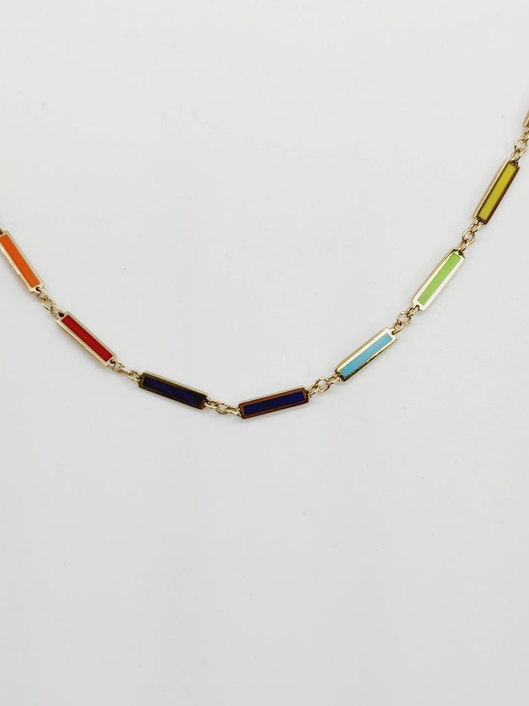 Colorful Mixed Gem Yellow Gold Link Chain Necklace For Sale at 1stDibs