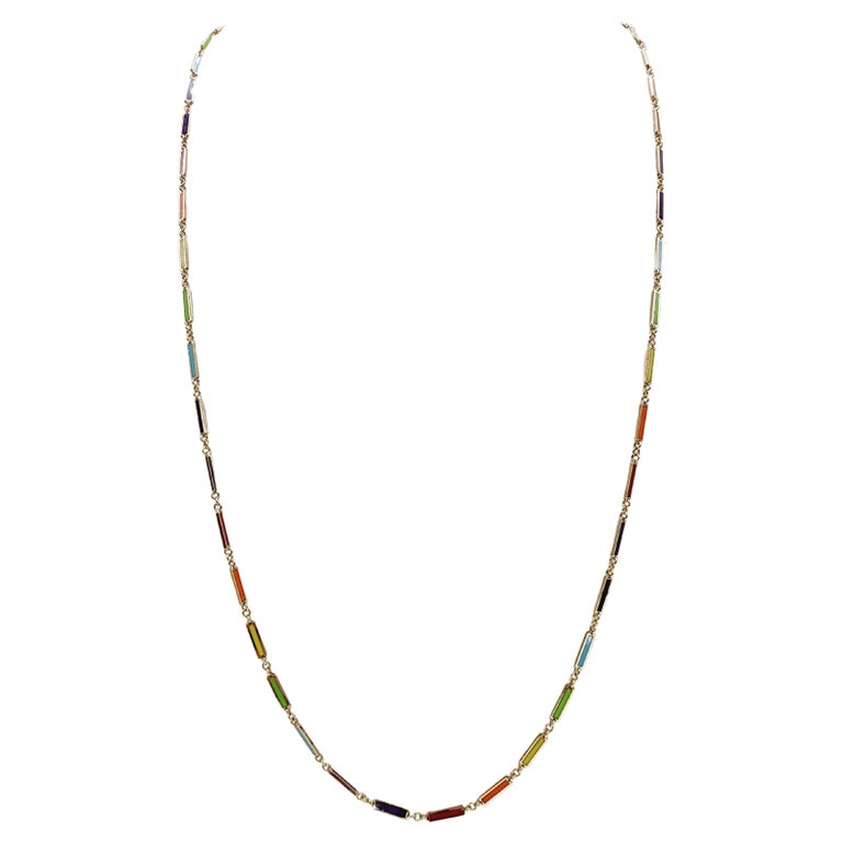 Colorful Mixed Gem Yellow Gold Link Chain Necklace For Sale at 1stDibs