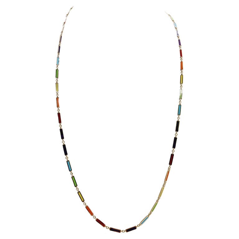 Colorful Mixed Gem Yellow Gold Link Chain Necklace For Sale at 1stDibs