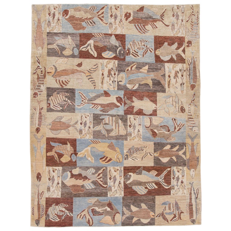 Colorful Modern Fish Design Wool Rug For Sale at 1stDibs | rug with ...