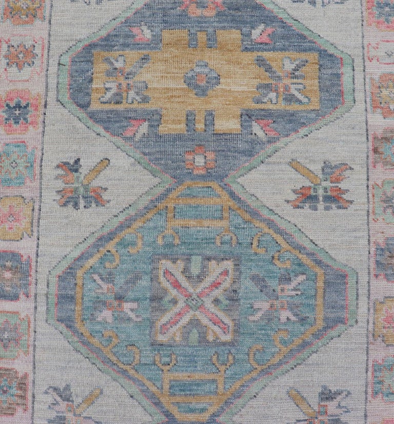 Colorful Modern Oushak Runner With Diamond Medallions and Multi-Tier ...