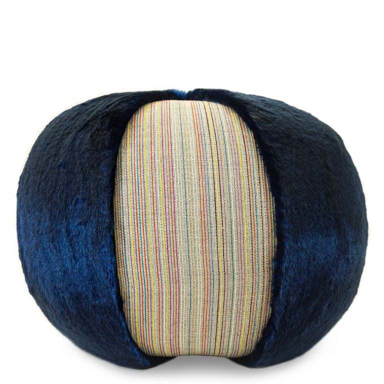 Colorful Stripe Pouf/Ottoman with Vibrant Blue Faux Fur For Sale at 1stDibs