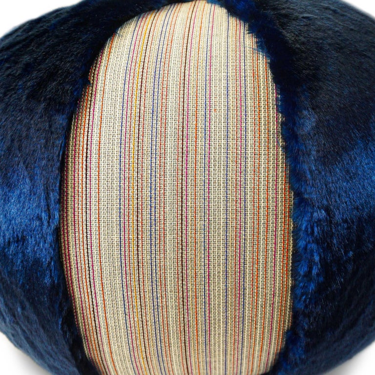 Colorful Stripe Pouf/Ottoman with Vibrant Blue Faux Fur For Sale at 1stDibs