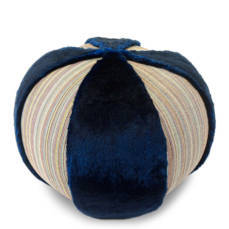 Colorful Stripe Pouf/Ottoman with Vibrant Blue Faux Fur For Sale at 1stDibs
