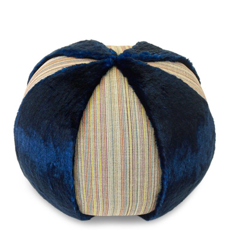 Colorful Stripe Pouf/Ottoman with Vibrant Blue Faux Fur For Sale at 1stDibs