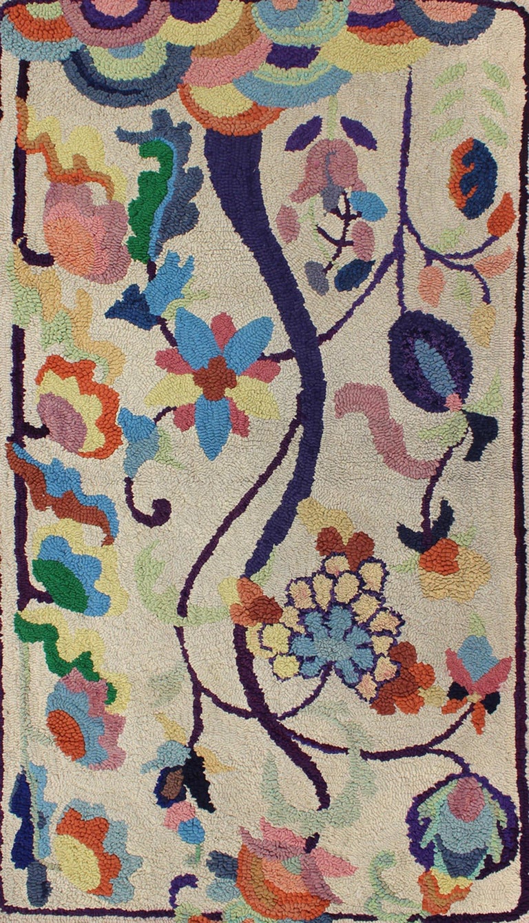 Colorful Vintage American Hooked Rug with Branching Rainbow-Colored ...