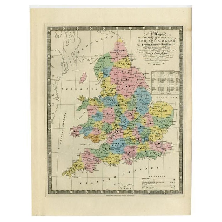 Colourful Antique Map of England and Wales Divided in Counties, 1854 ...