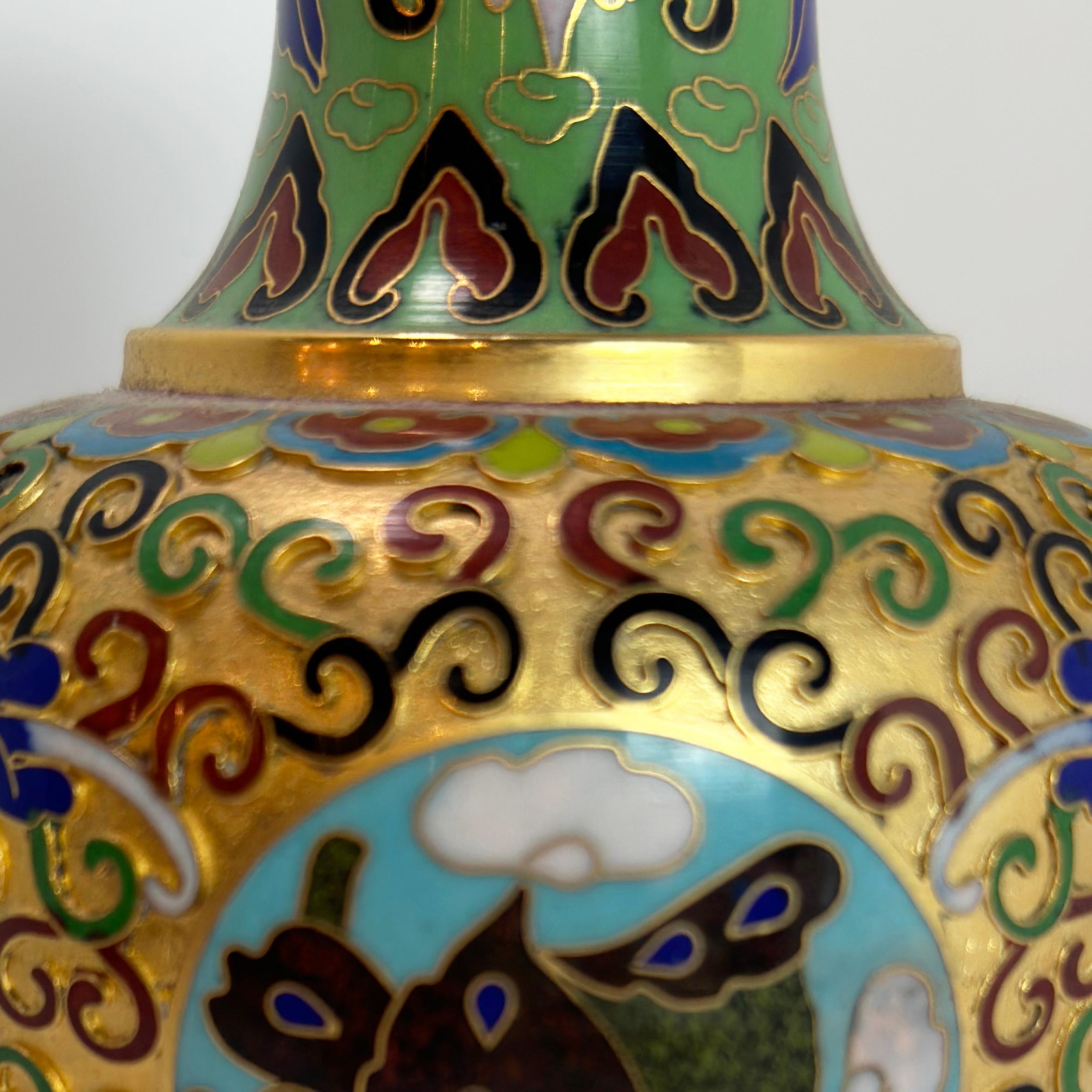 Colourful Chinese Mid Century Champleve and Cloissone Gilded Brass Vase ...
