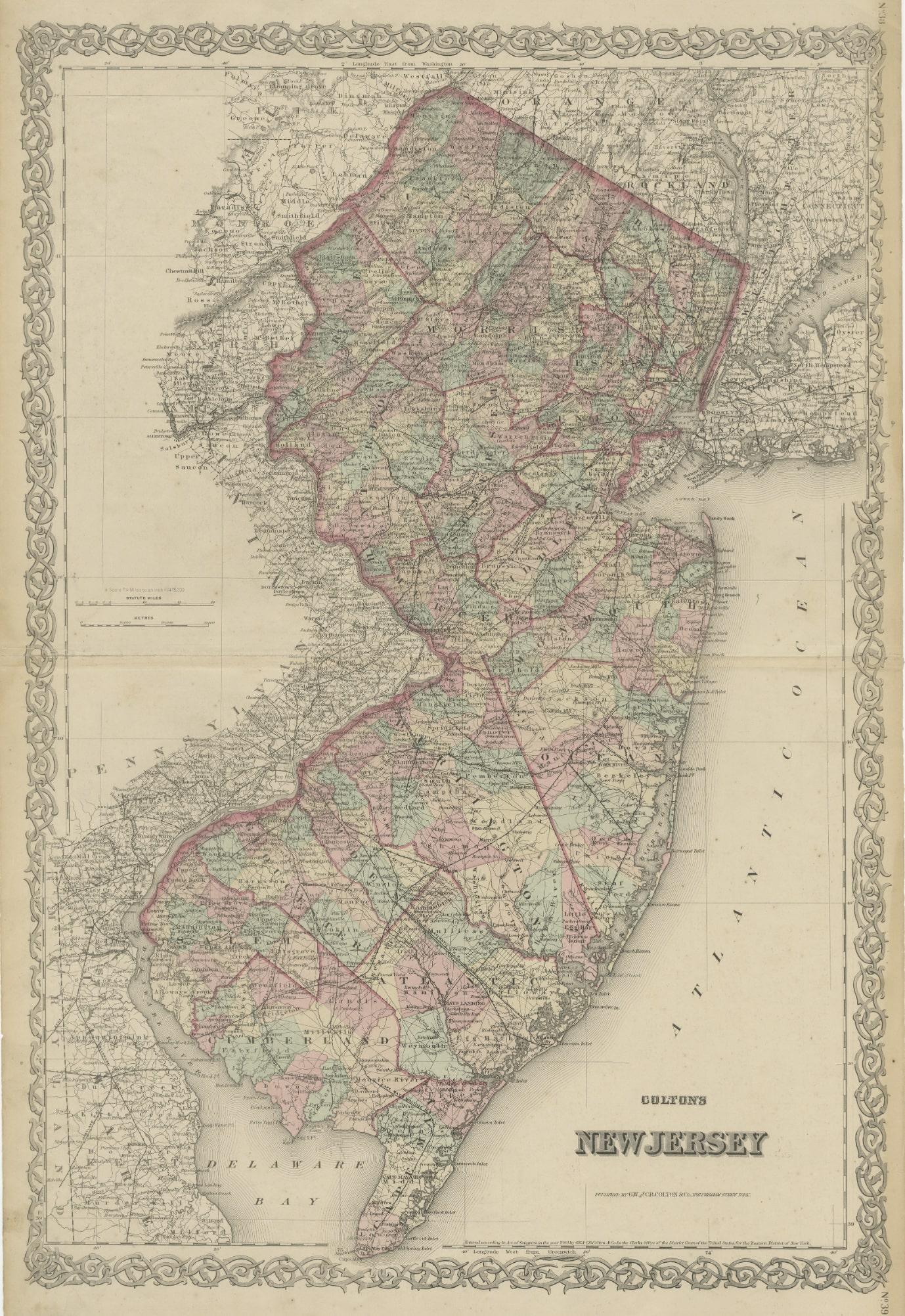 Colton's Map of New Jersey in the United States at 1stDibs