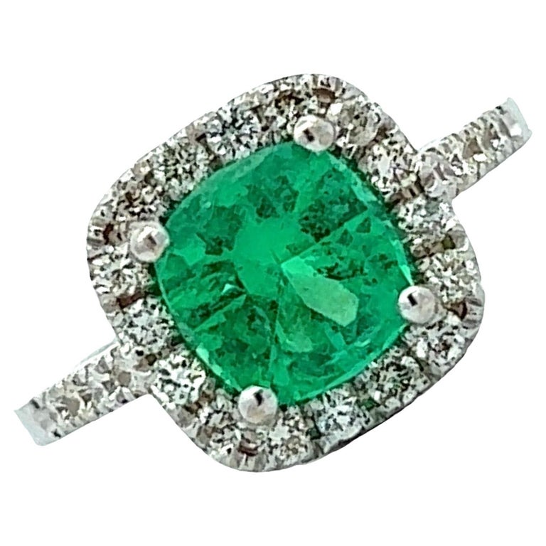 Columbian Emerald Diamond 18 Karat White Gold Cocktail Halo Ring GIA ...