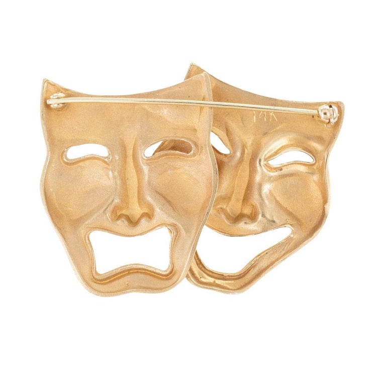 Comedy Tragedy Masks Yellow Gold Brooch For Sale at 1stDibs