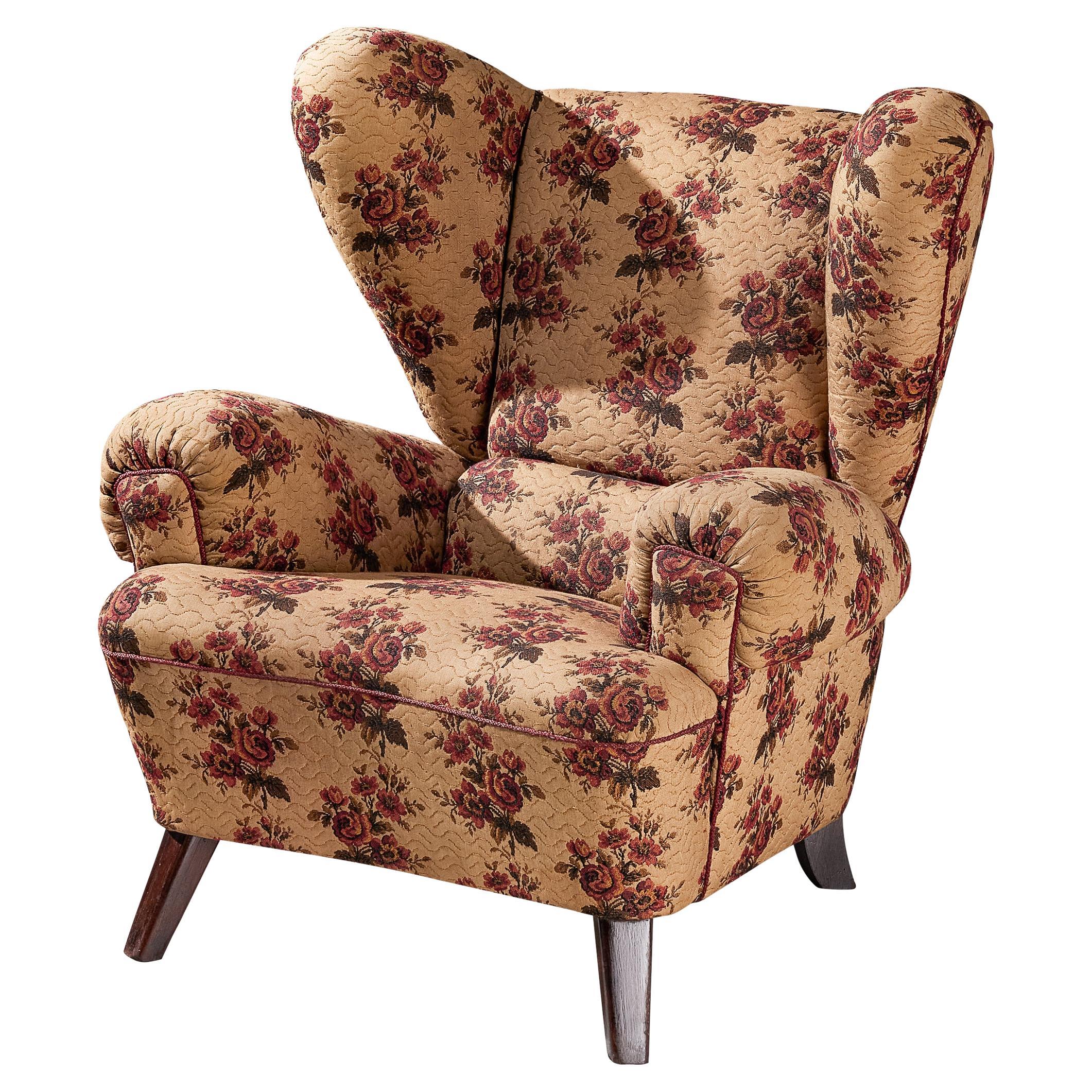 Italian Wingback Chair in Maroon Fabric For Sale at 1stDibs