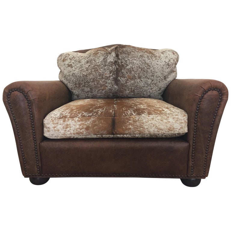 Comfy and Large Leather and Cowhide Club Chair at 1stDibs