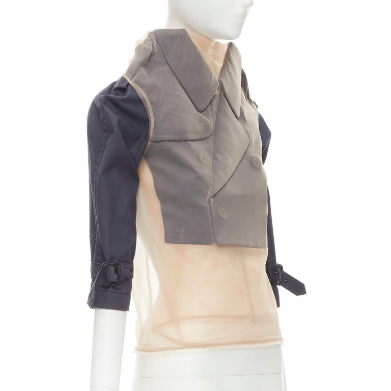 COMME DES GARCONS 2009 navy blue cropped trench sheer mesh wrapped top ...