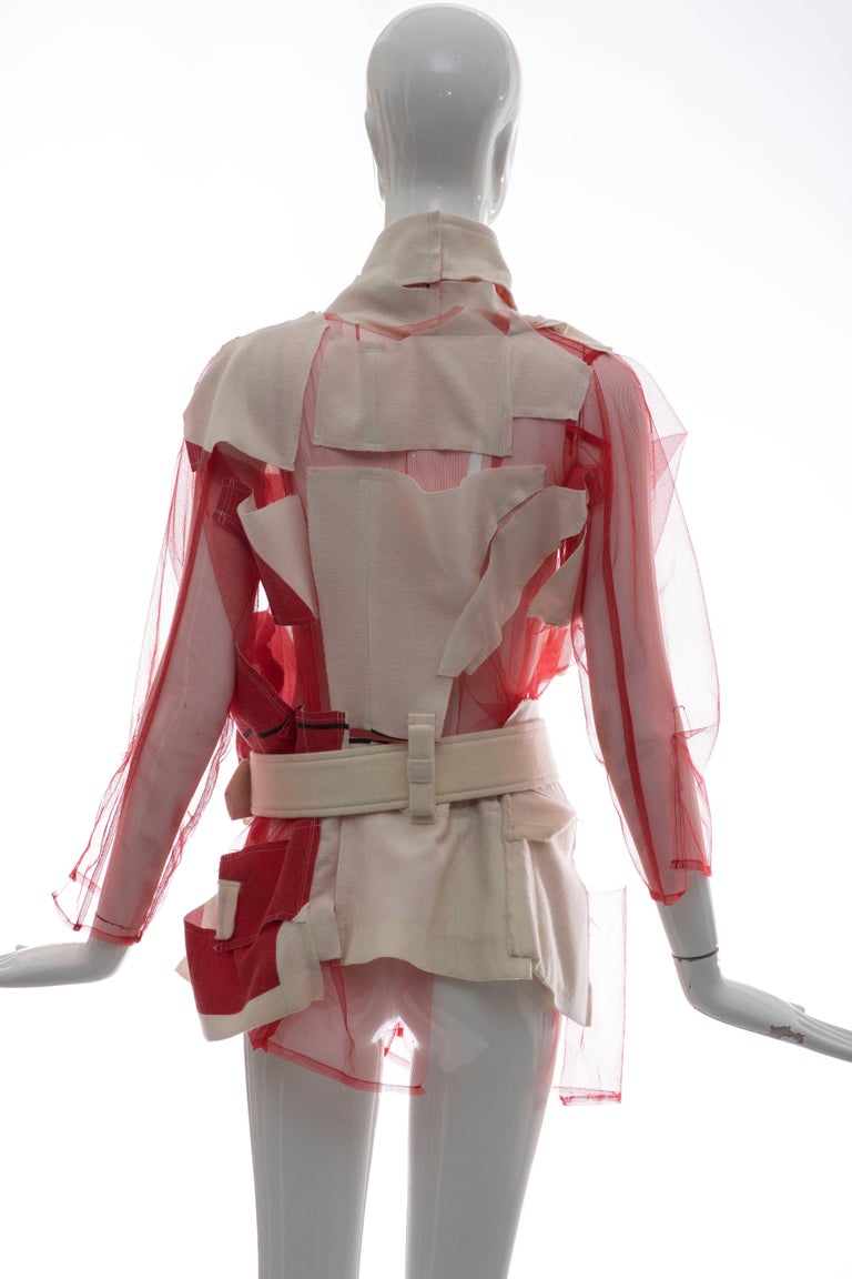 Comme des Garcons Deconstructed Red Mesh Jacket Cream Wool Patchwork ...