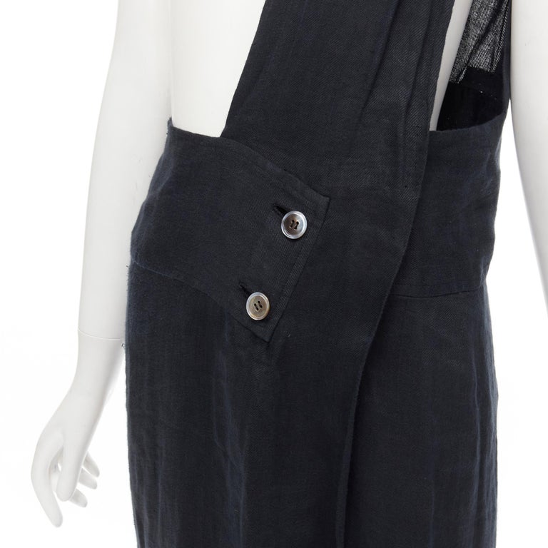 COMME DES GARCONS Vintage black linen one shoulder sash button dungaree ...