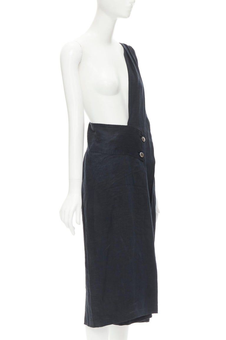 COMME DES GARCONS Vintage black linen one shoulder sash button dungaree ...