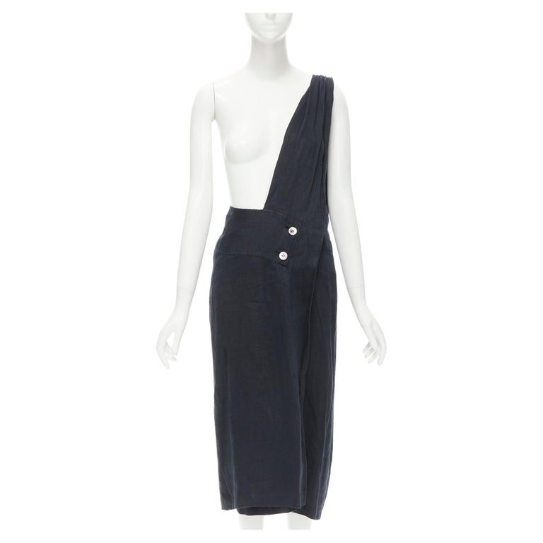 COMME DES GARCONS Vintage black linen one shoulder sash button dungaree ...