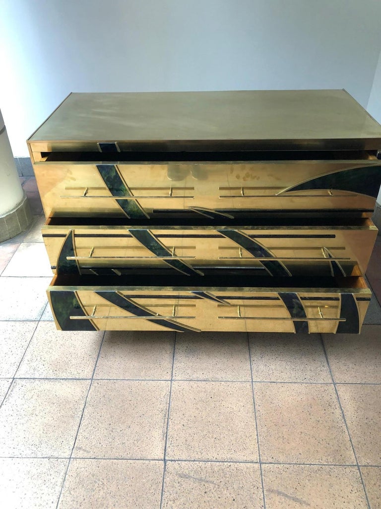 Commode with Three Drawers in Brass and Tinted Glass For Sale at ...