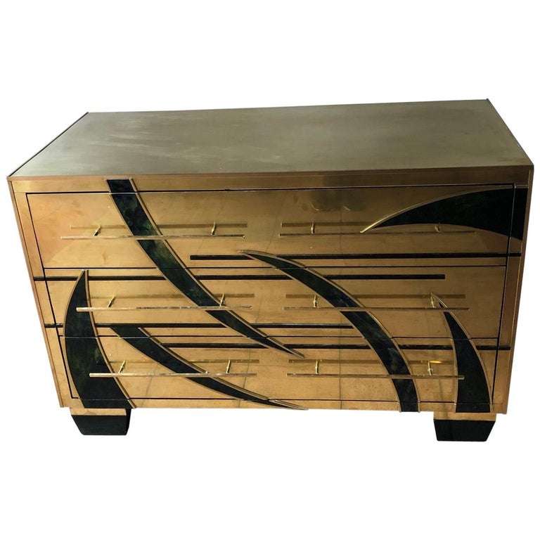 Commode with Three Drawers in Brass and Tinted Glass For Sale at ...