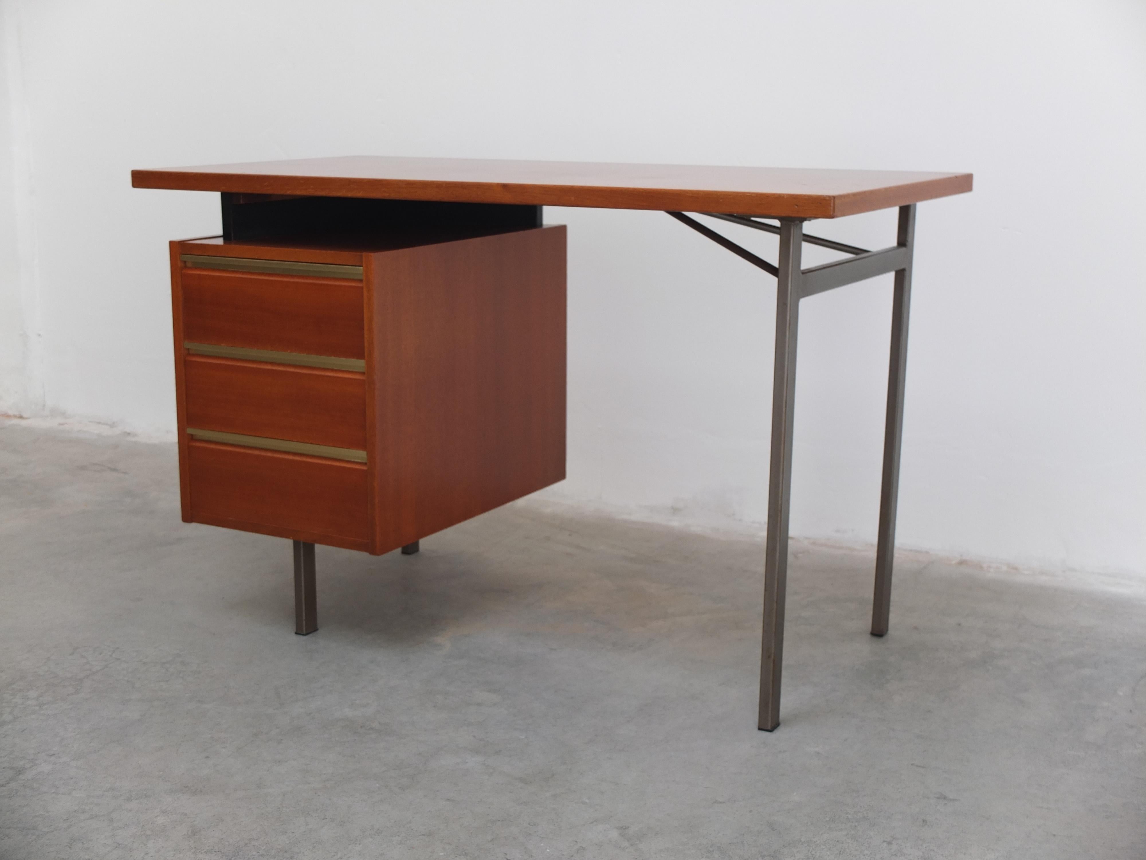 Compact Modernist Writing Desk in Teak and Brass, 1960s For Sale at 1stDibs
