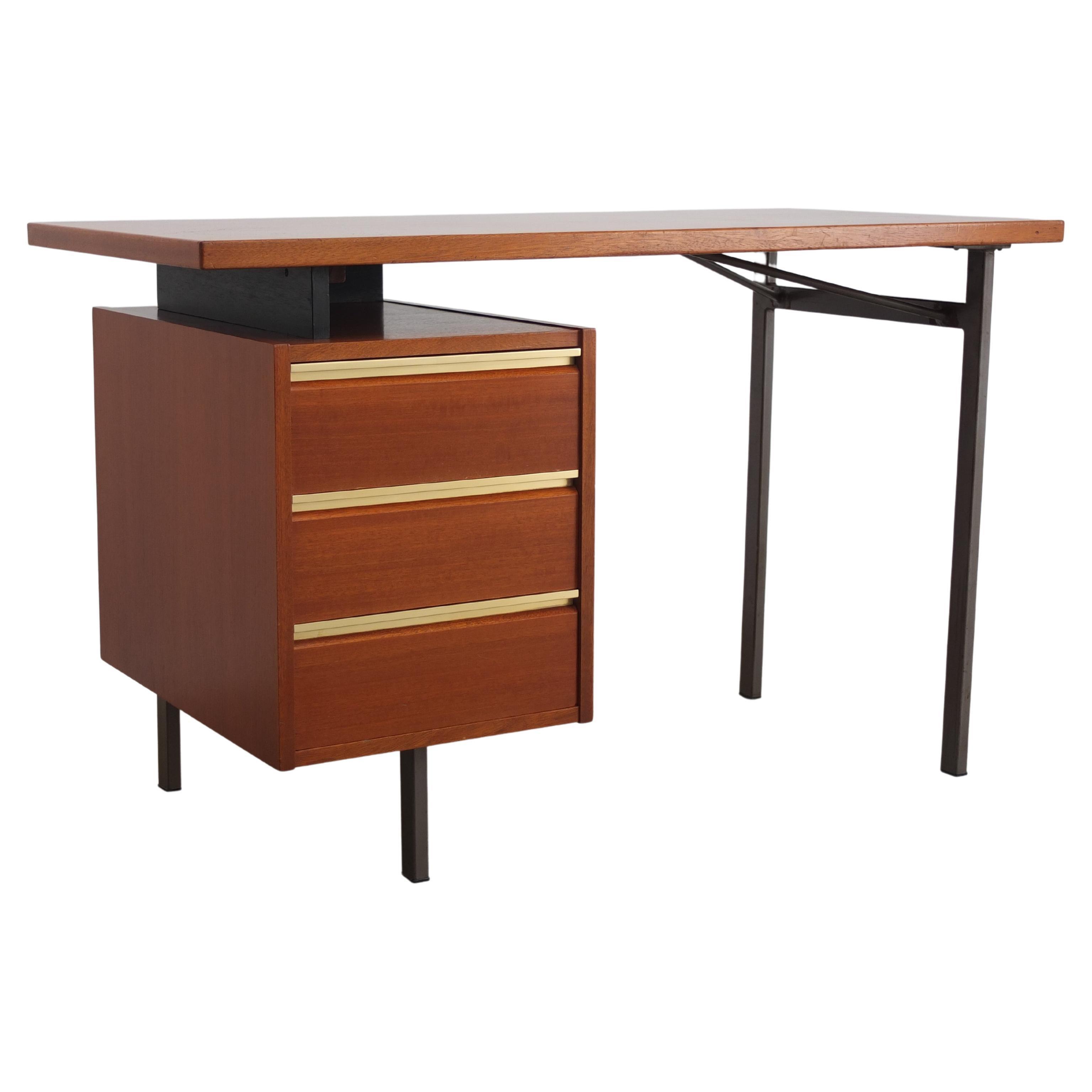 Compact Modernist Writing Desk in Teak and Brass, 1960s For Sale at 1stDibs