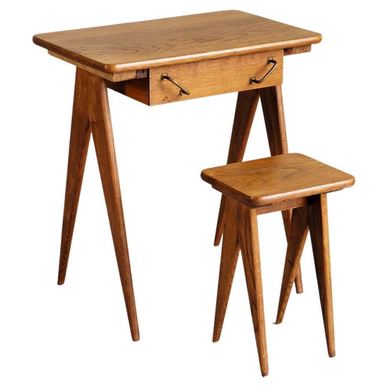 Kompass-Schreibtisch und Hocker, Frankreich 1950 im Angebot bei 1stDibs