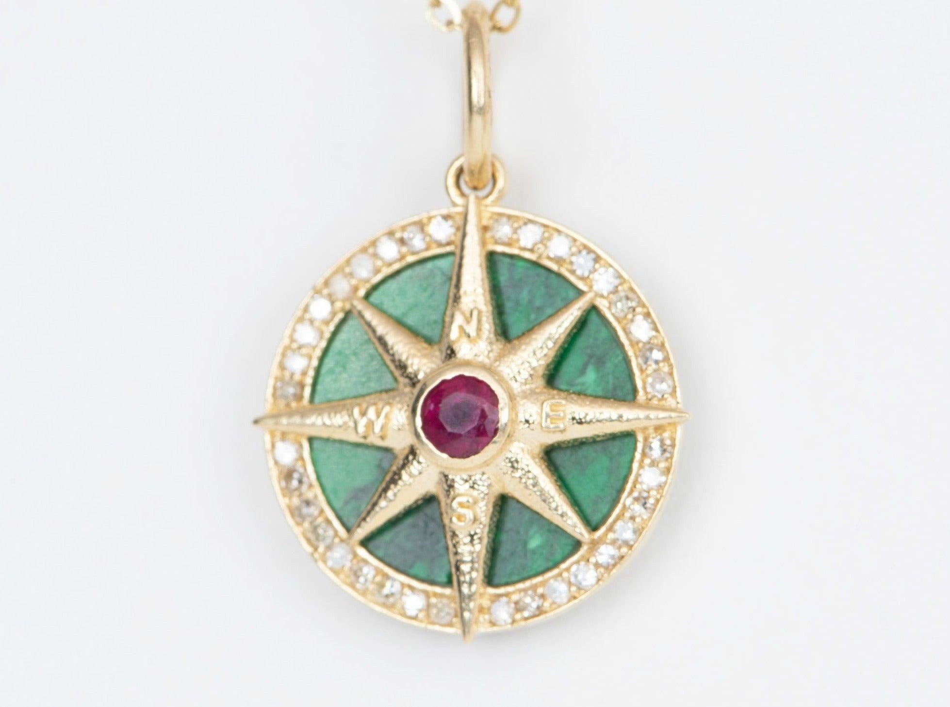 Compass Star Pendant with Diamond Halo Ruby Center and Malachite ...