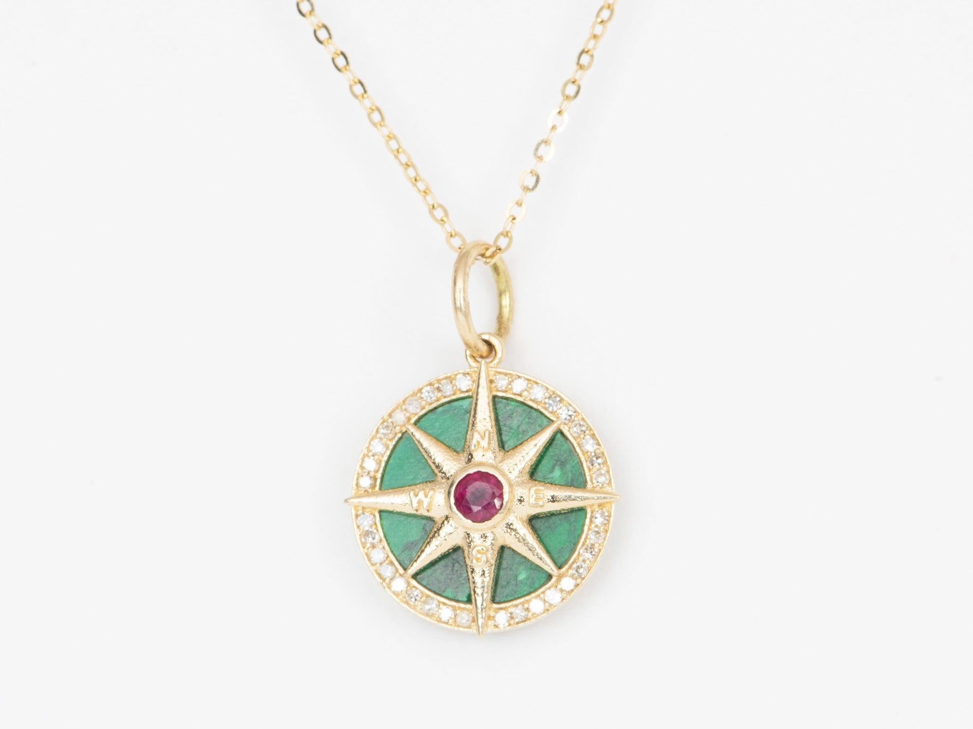 Compass Star Pendant with Diamond Halo Ruby Center and Malachite ...