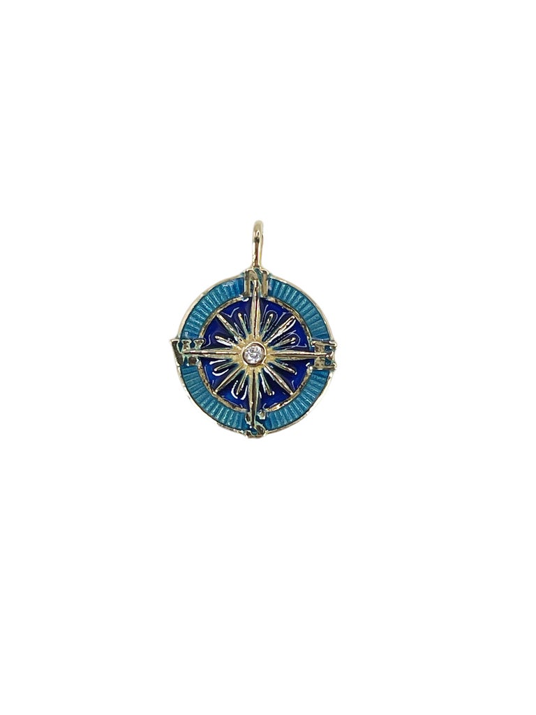 Compass Vitreous Enamel and Diamond Pendant 18kt Gold For Sale at 1stDibs
