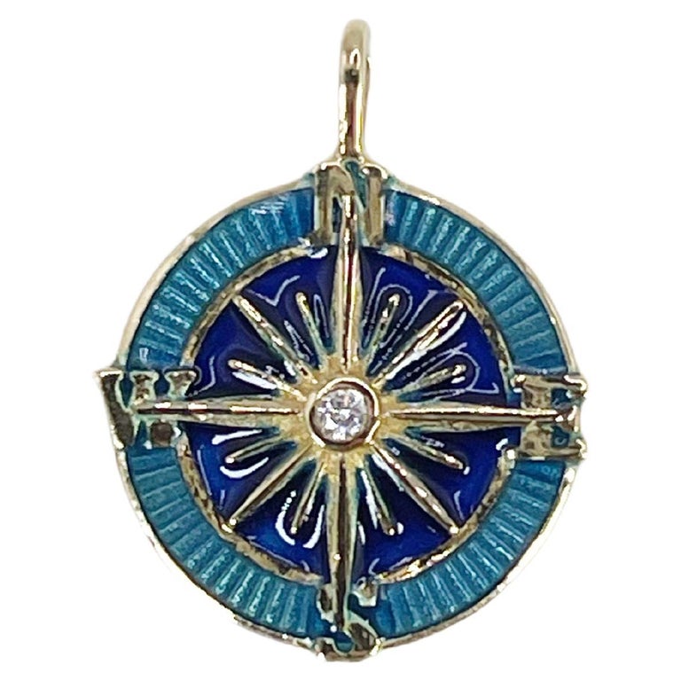 Compass Vitreous Enamel and Diamond Pendant 18kt Gold For Sale at 1stDibs