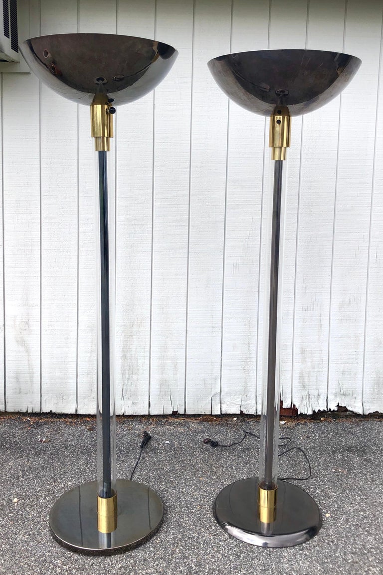 Complimentary Pair Karl Springer Lucite and Gun Metal Torchiere Floor ...