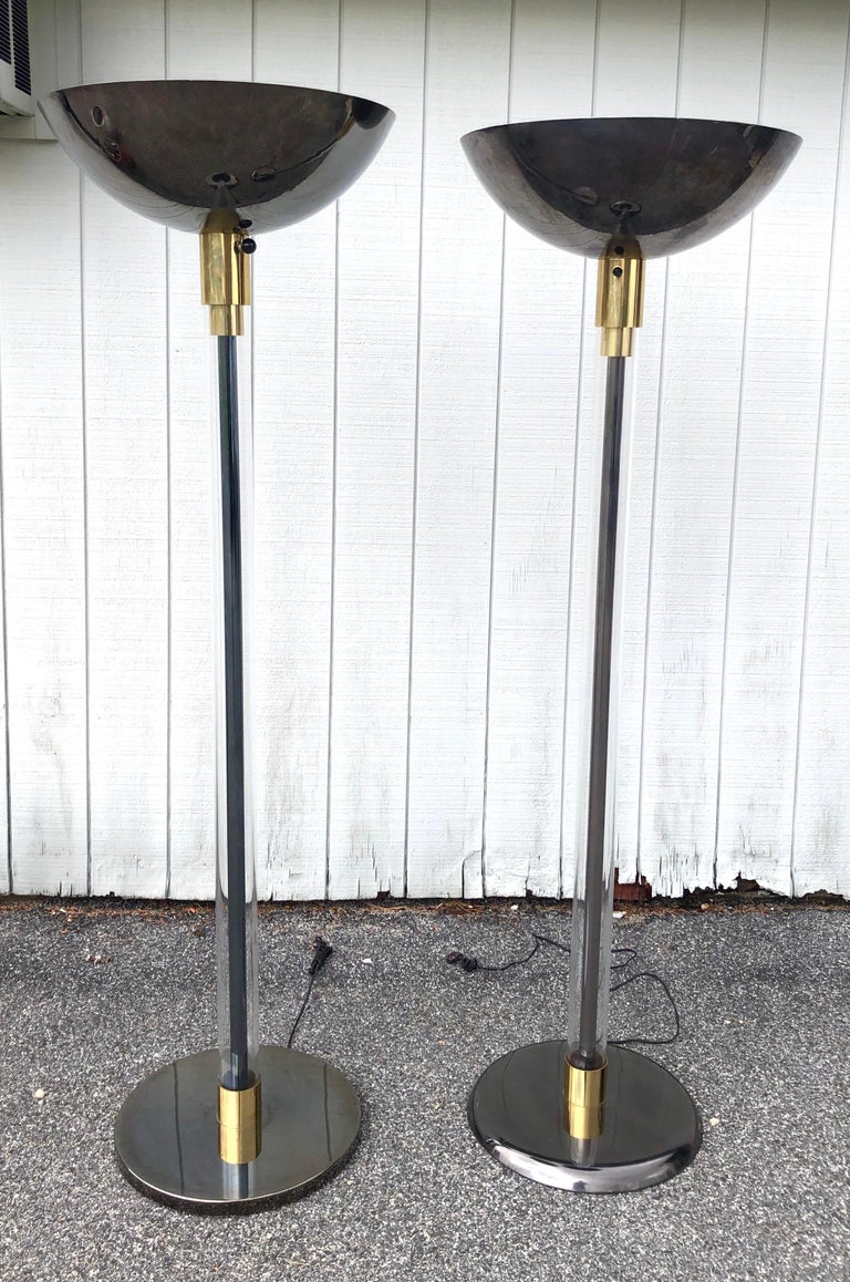 Complimentary Pair Karl Springer Lucite and Gun Metal Torchiere Floor ...