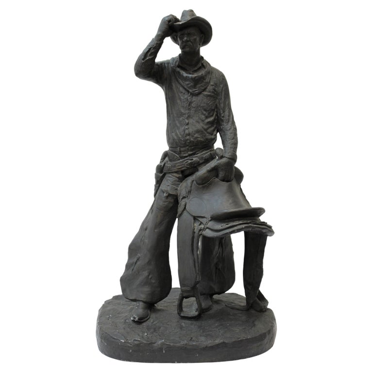 Composite Cowboy Figure w/ Saddle 'Signed' For Sale at 1stDibs