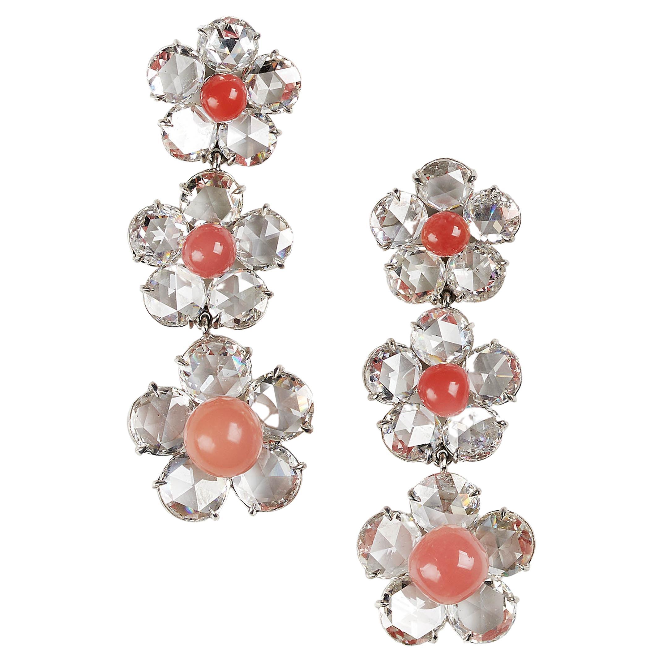 Conch Pearl, Rose Cut Diamond and Platinum Flower Drop Earrings For ...