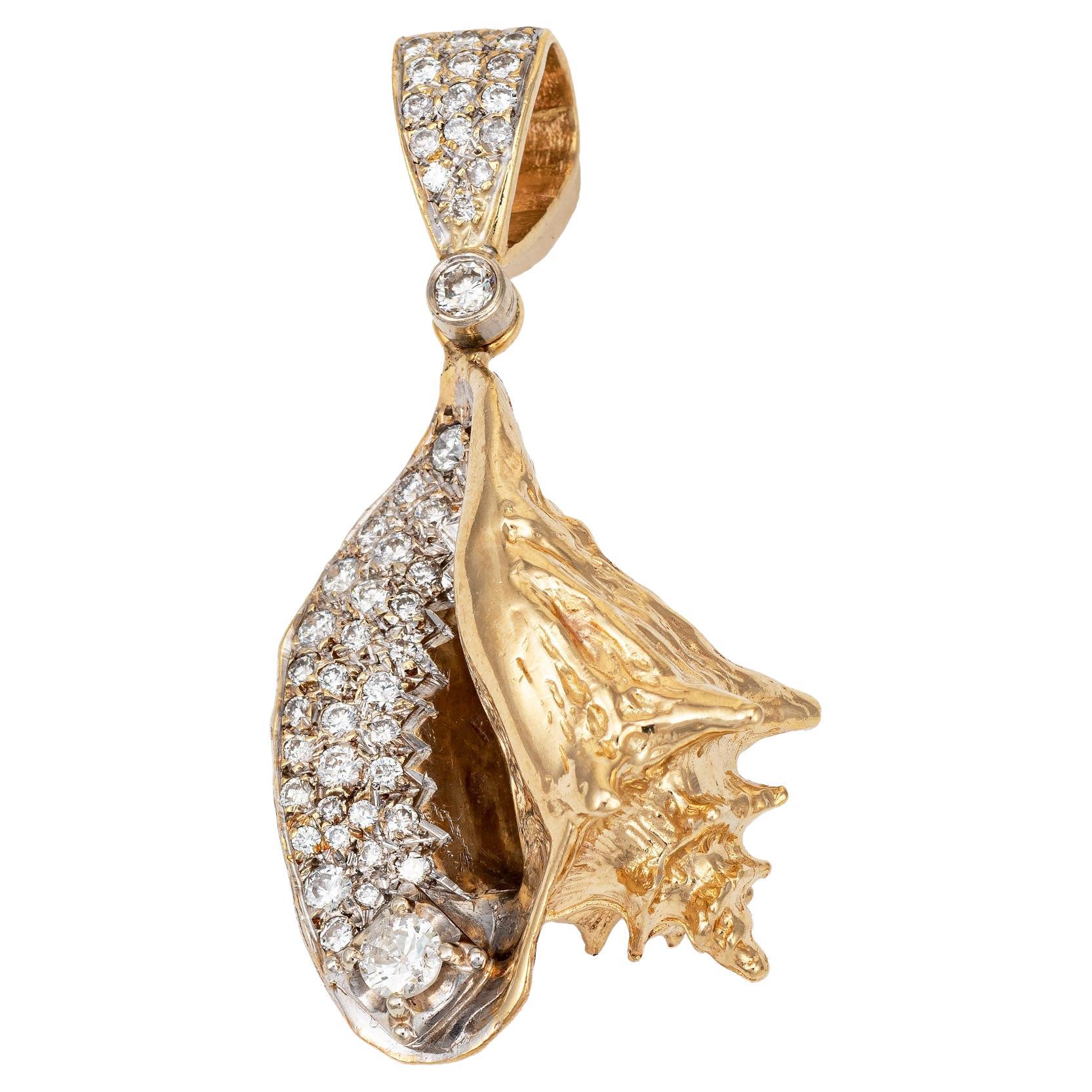 Conch Shell Diamond Pendant Vintage 14k Yellow Gold Ocean Marine ...