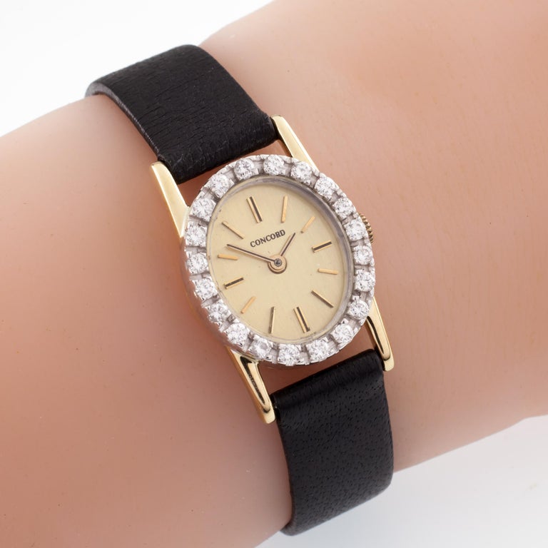 Concord 14 Karat Gold Quartz Watch with Diamond Bezel and Leather Band ...