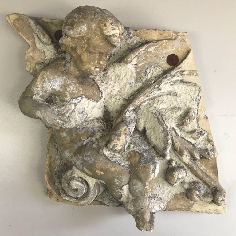 Concrete Cherub Carved Wall Hanging C. 1930's For Sale at 1stDibs